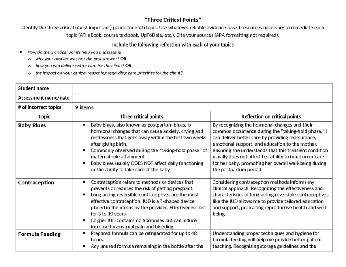 ATI Three Critical Points Worksheet 2 - “Three Critical Points ...