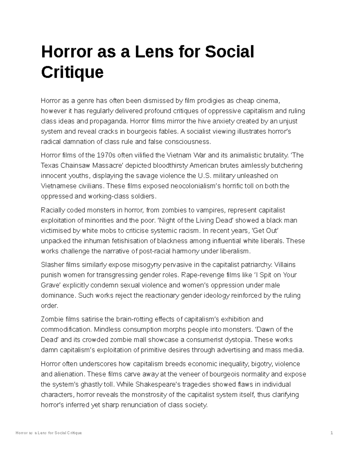 Horror as a Lens for Social Critique - Horror films mirror the hive ...