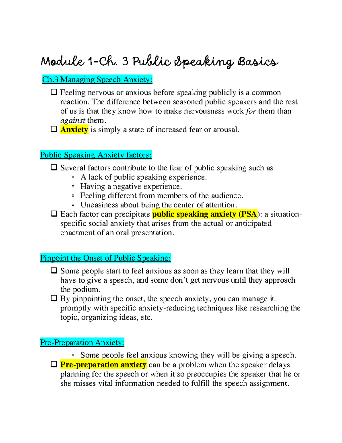 Public Speaking Notes 1 - Module 1-Ch. 3 Public Speaking Basics Ch ...
