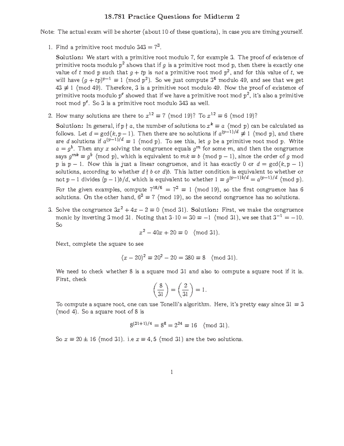 MIT18 871S12 pract Exam 2Sol - 18 Practice Questions for Midterm 2 Note ...