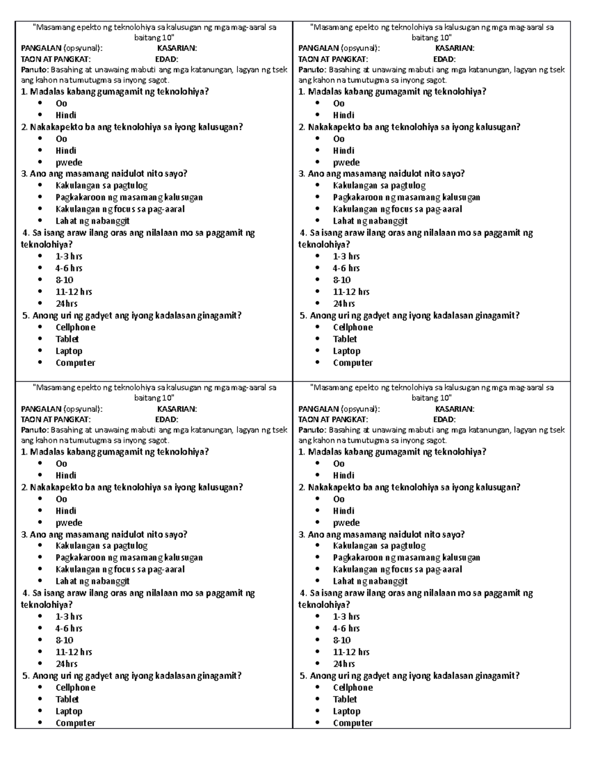 survey for thesis - "Masamang epekto ng teknolohiya sa kalusugan ng mga ...