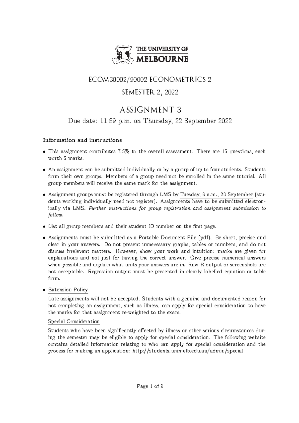 A3 sol - Assignment 3 solution - ECOM30002/90002ECONOMETRICS 2 SEMESTER2, 2022 ASSIGNMENT 3 Due ...