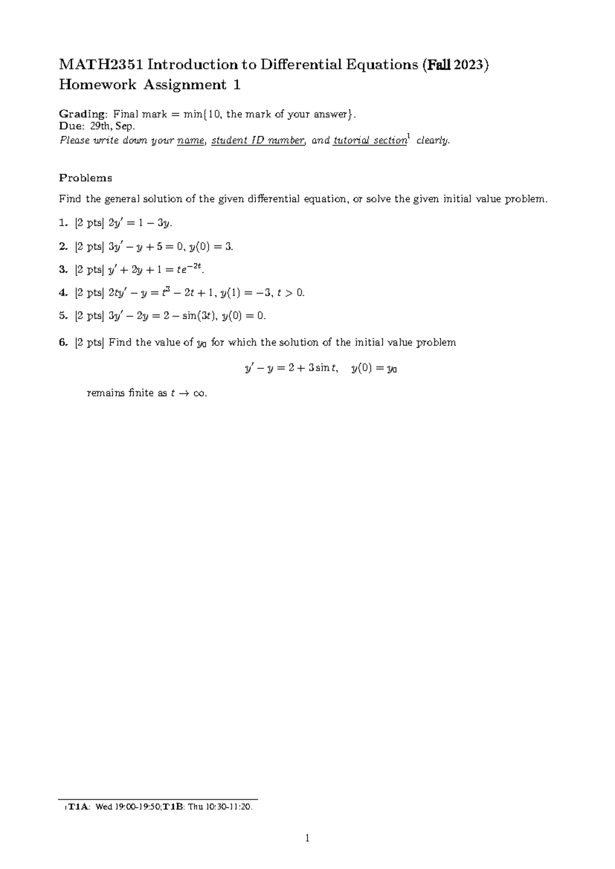 Hw1 - MATH 2351 hw1 - MATH2351 Introduction to Differential Equations ...