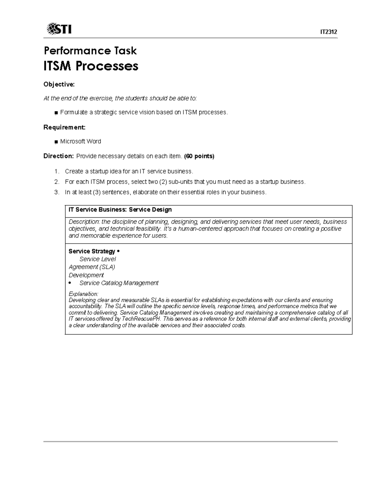 02 Performance Task 1(6) (pdf - IT 2312 P erformance Task ITSM Processes Obj ecti ve: At t he ...