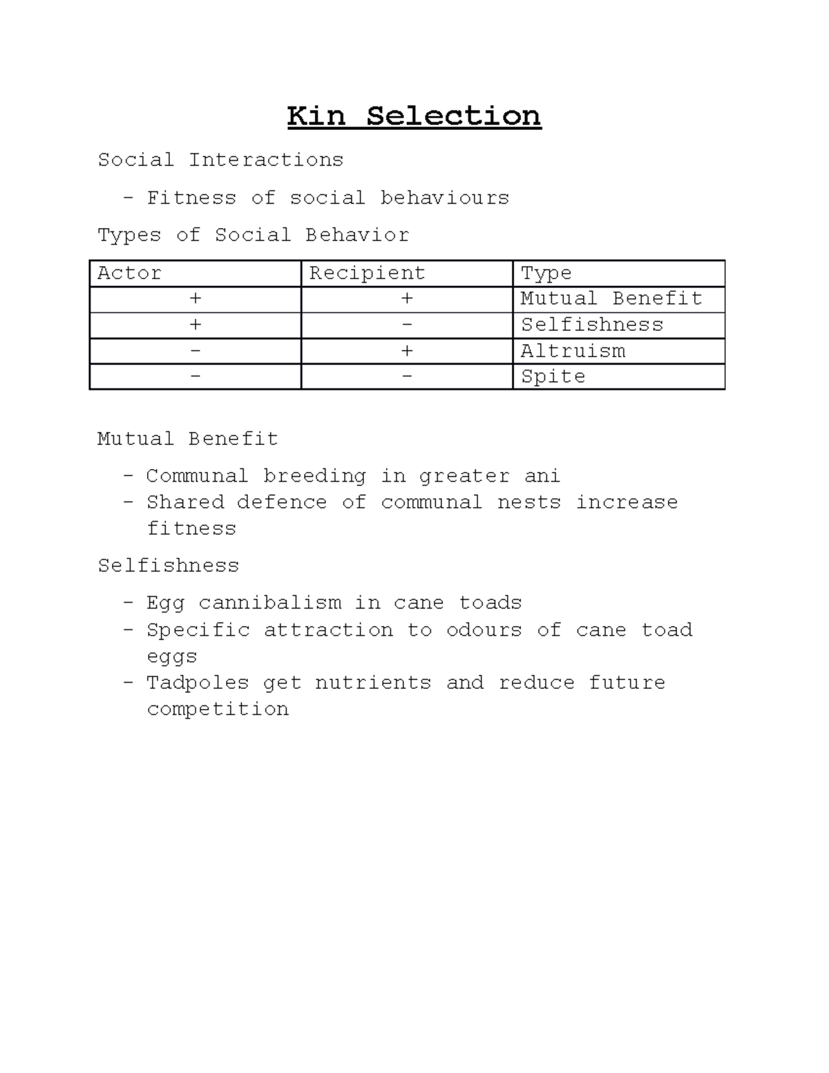 14 Kin Selection - Lecture notes 14 - Kin Selection Social Interactions ...