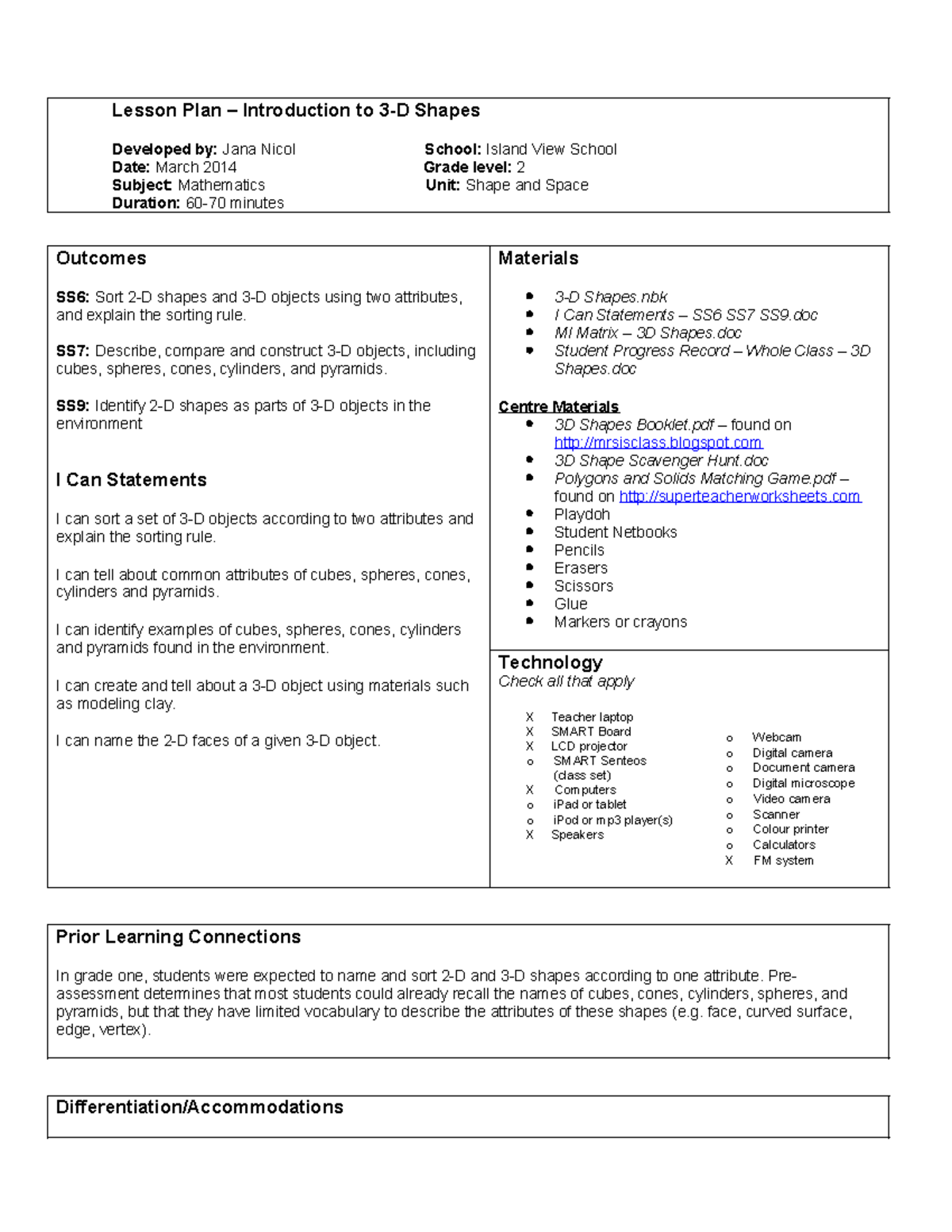 Udl lesson - 3d shapes intro - Lesson Plan – Introduction to 3-D Shapes ...