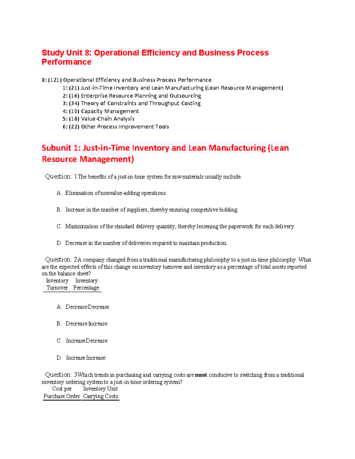 P1 U8 Q - CMA Part 1Q&A - Warning: TT: undefined function: 32 Study Unit 8: Operational ...