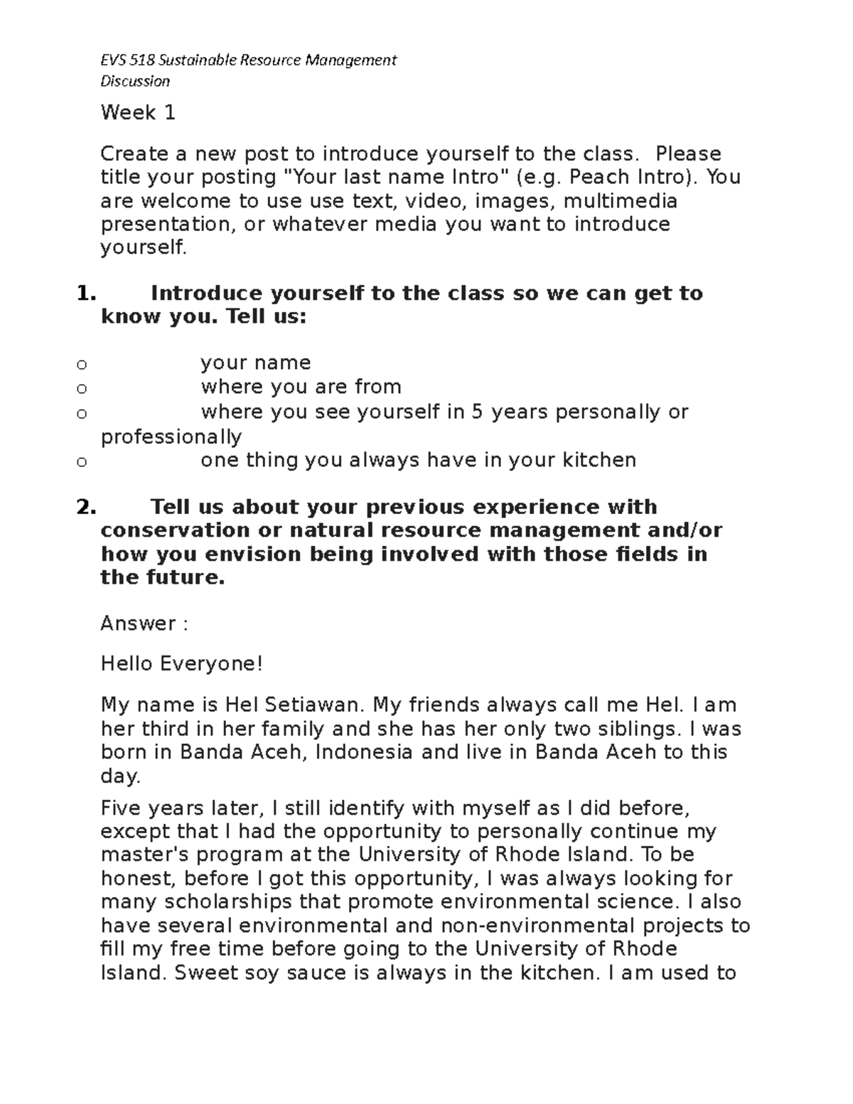 EVS 518 Introduction - Week 2 - Discussion Week 1 Create a new post to ...