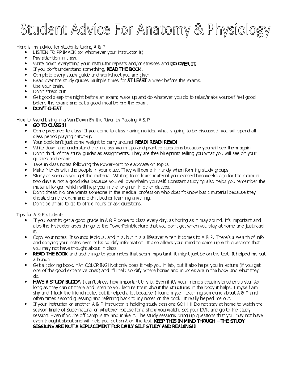 Student Advice For Anatomy %26 Physiology - Here is my advice for ...