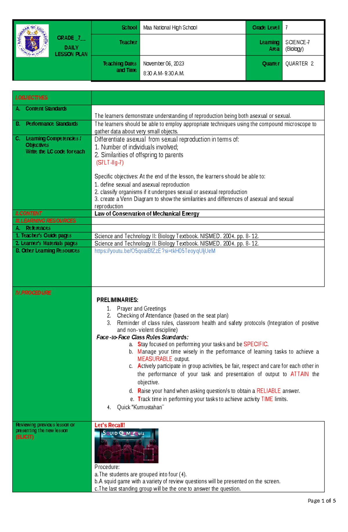 Asexual and Sexual DLP - Short information - GRADE 7_ DAILY LESSON PLAN ...