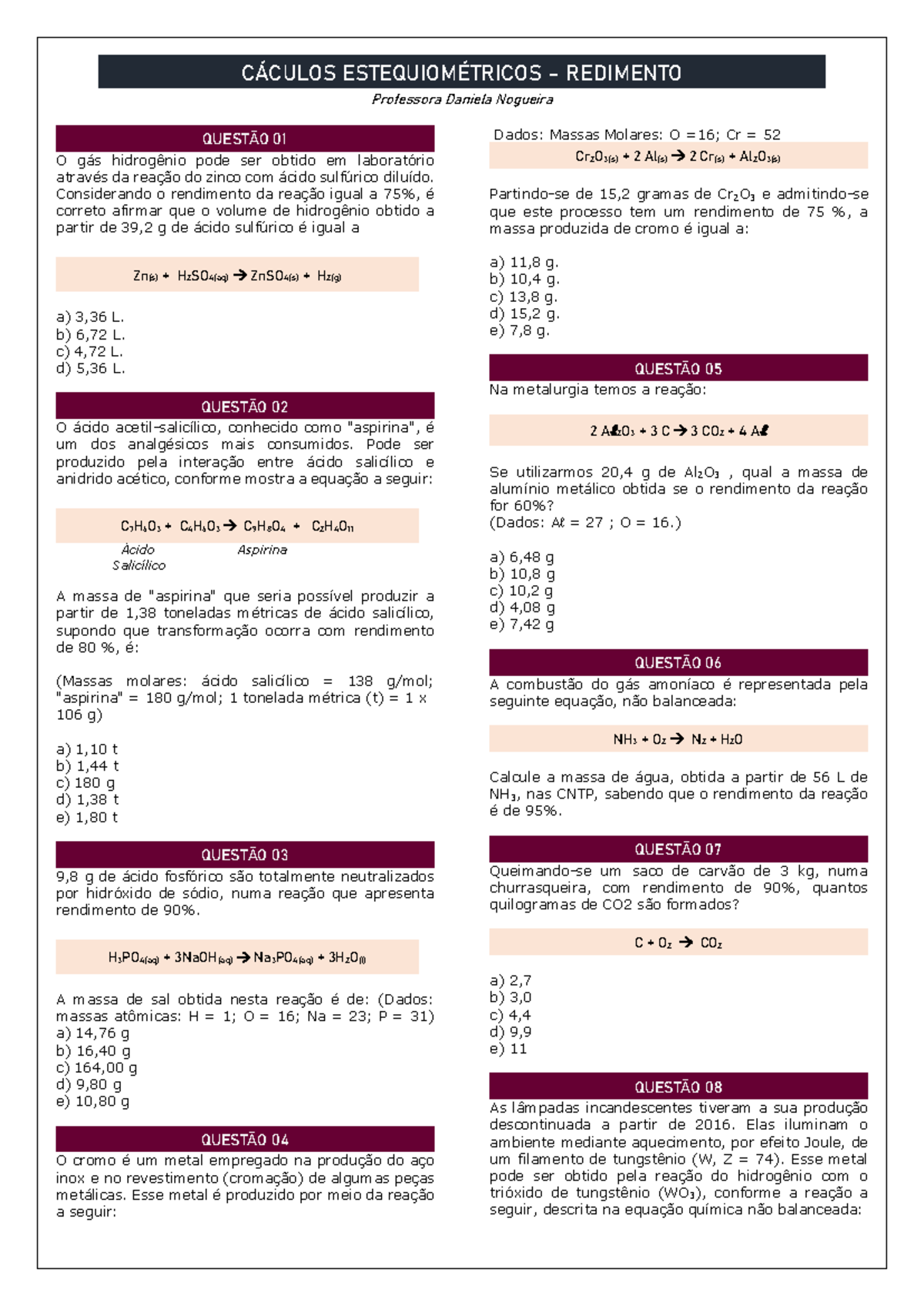 Lista de Exerc Ã­cios de CÃ¡lculos Estequiom Ã©tricos - Rendimento BÃ¡sico - CÁCULOS - Studocu