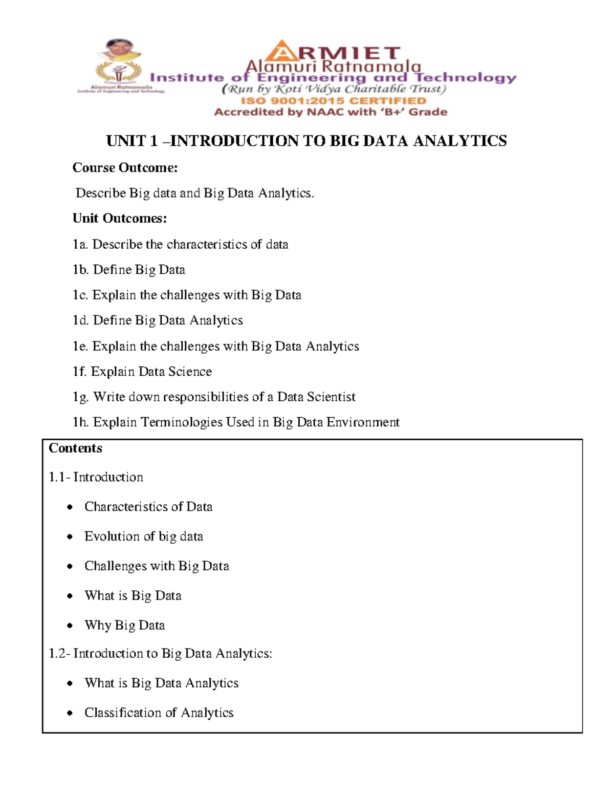 UNIT 1 - UNIT 1 – INTRODUCTION TO BIG DATA ANALYTICS Course Outcome ...