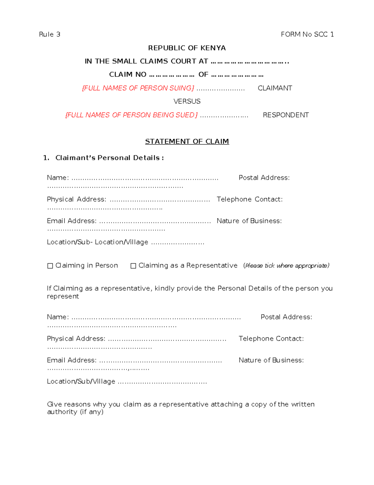 Small-Claims-Court Statement Of Claim - Rule 3 FORM No SCC 1 REPUBLIC ...