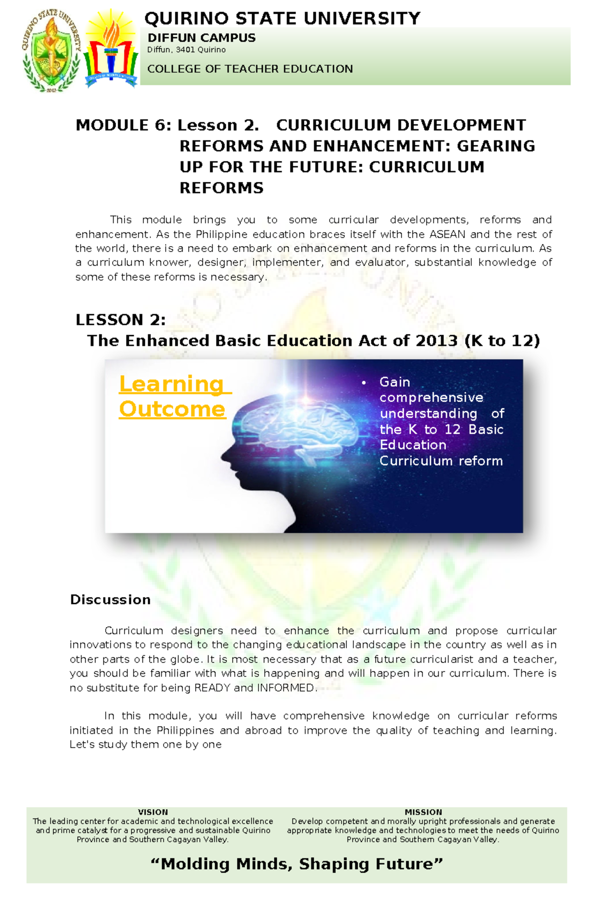 Module 6 Lesson 2 - DIFFUN CAMPUS Diffun, 3401 Quirino COLLEGE OF TEACHER EDUCATION MODULE 6 ...