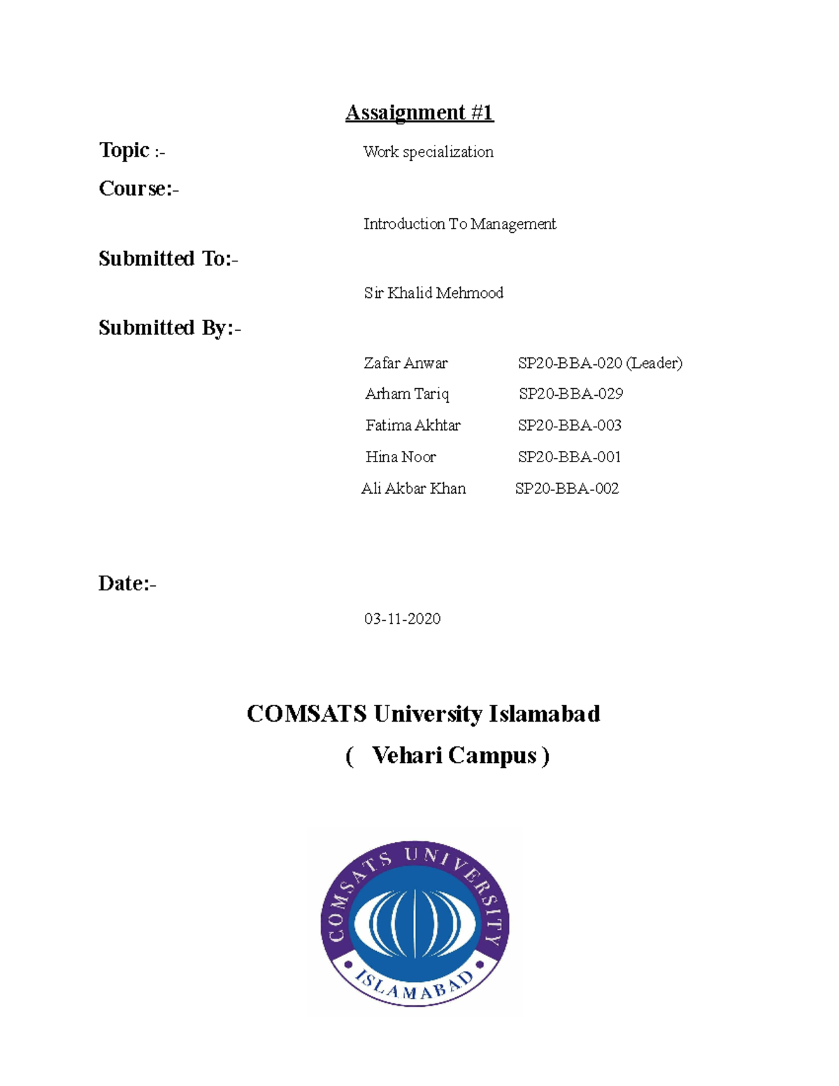 Work specialization - assignment - Assaignment Topic :- Work ...