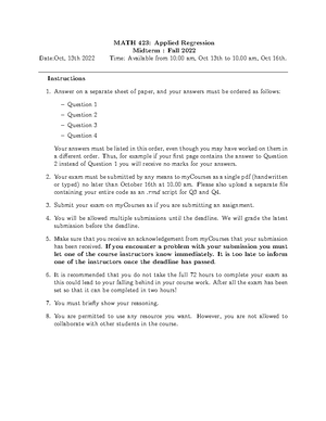 Lec1 - Lecture notes 1 - Applied Regression MATH 423 Yi Yang ...