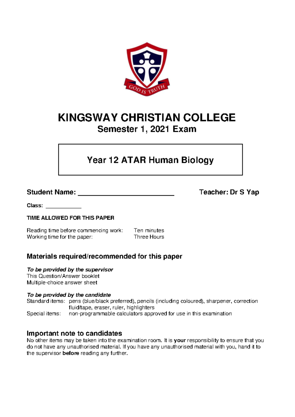 KCC 12 HBio Sem 1 2021 Exam - KINGSWAY CHRISTIAN COLLEGE Semester 1, 2021 Exam Year 12 ATAR ...