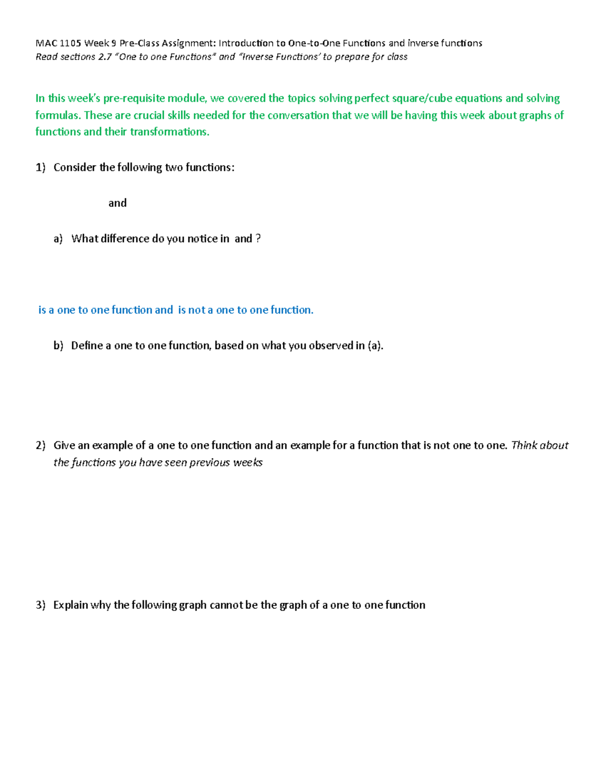 1105 Pre-Class Assignment Week 9 (One to one functions and Inverse of a function) - MAC 1105 ...