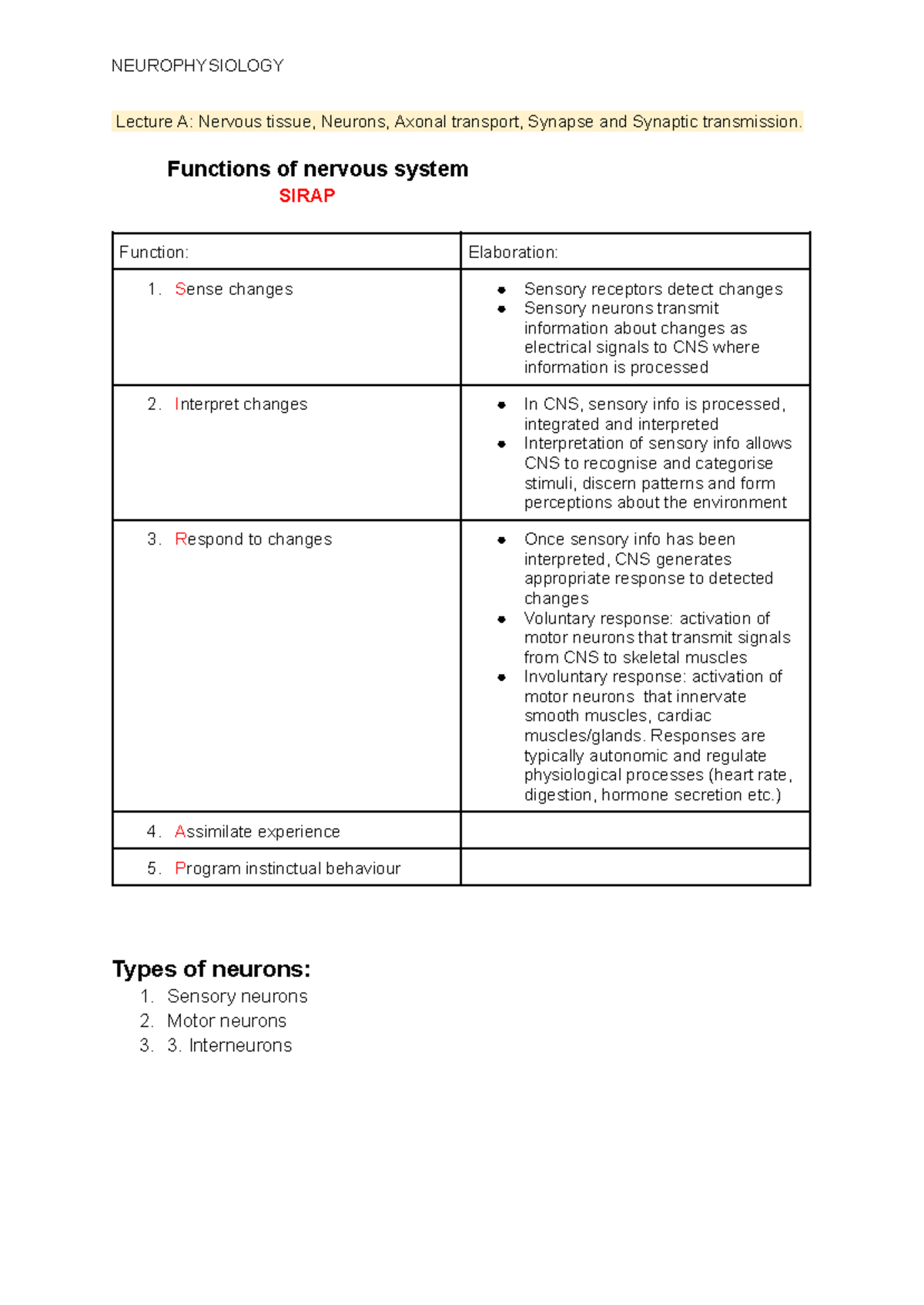 FLG 211-Neurophysiology - Lecture A: Nervous tissue, Neurons, Axonal transport, Synapse and ...