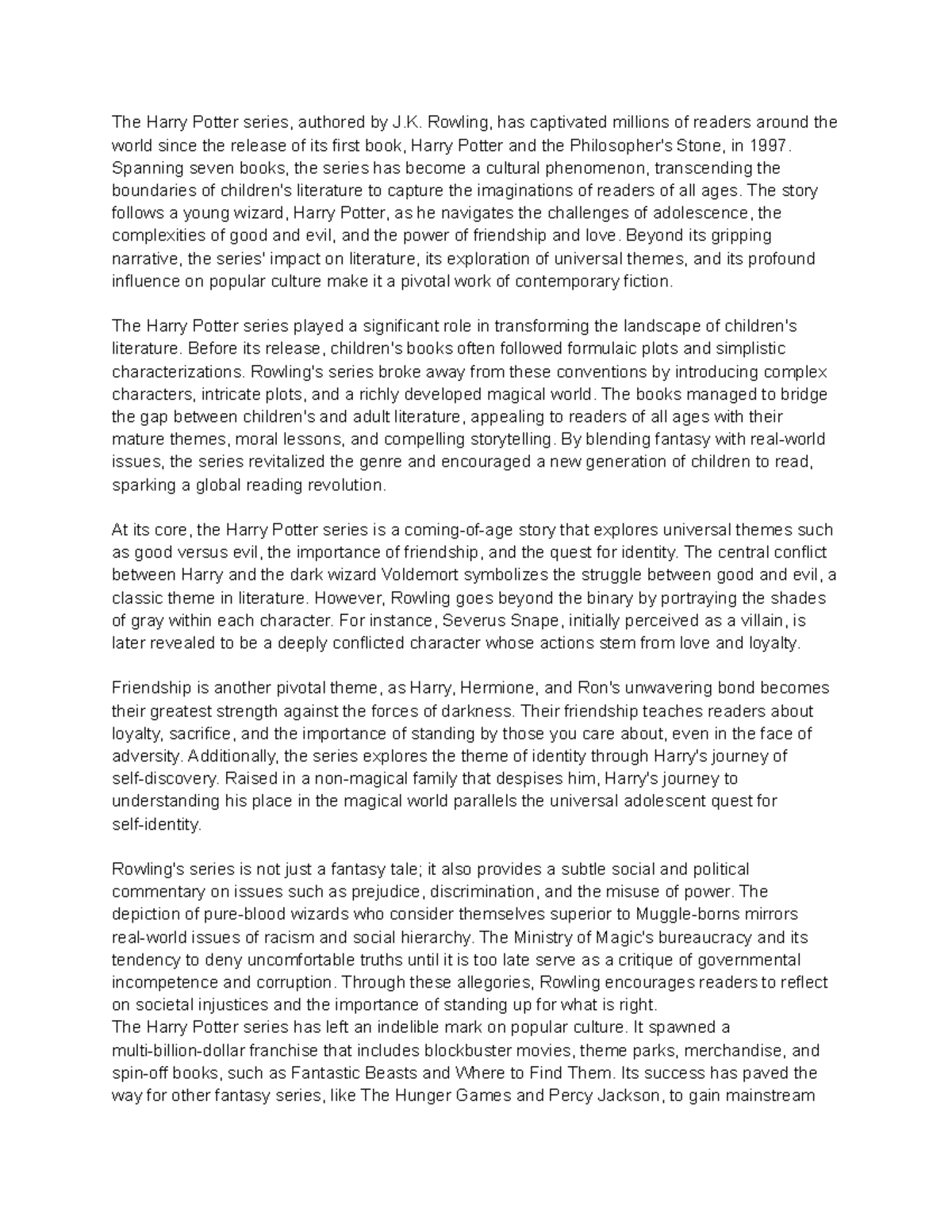 ENG102H1F - Harry Potter Assignment - The Harry Potter series, authored ...