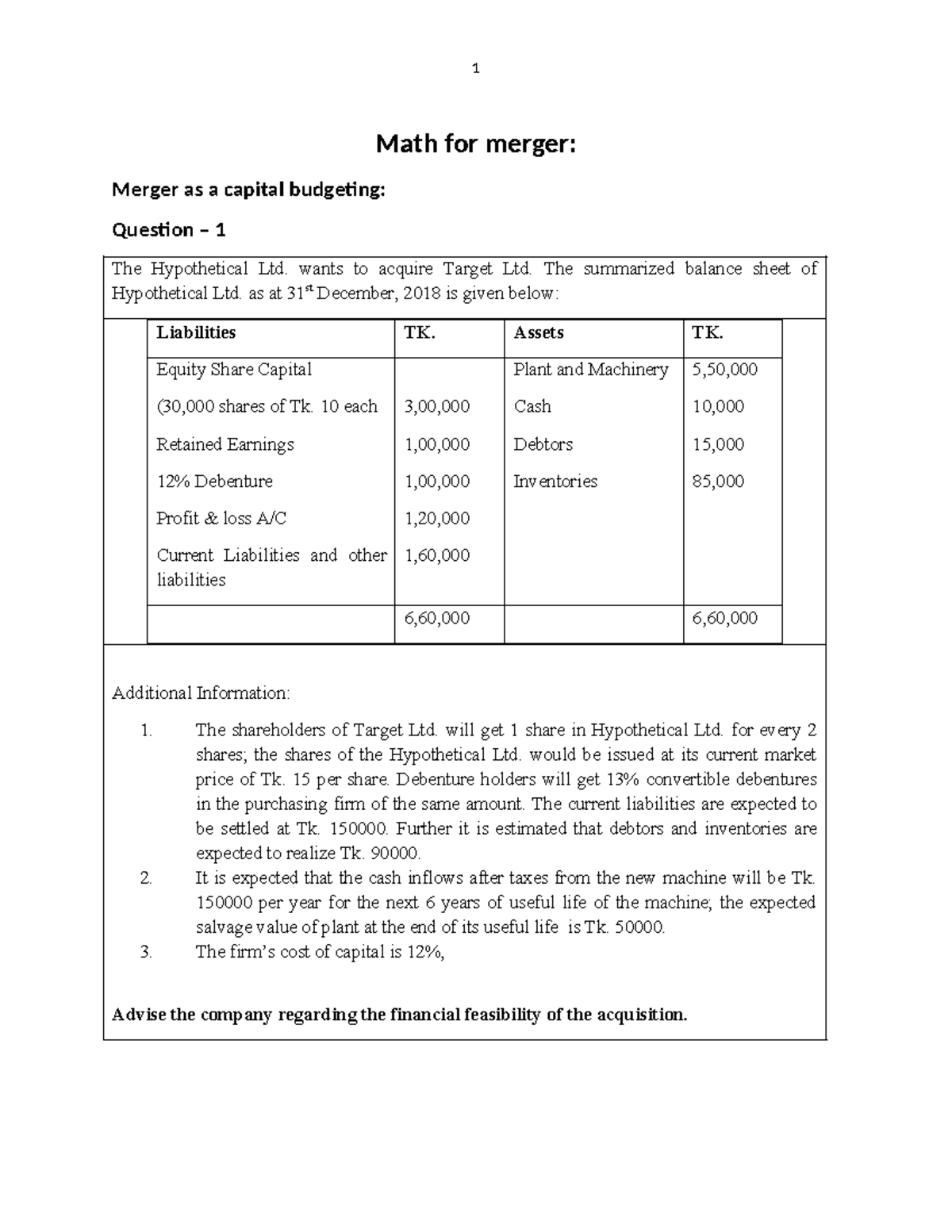 Math for merger - cu - corporate finance - Math for merger: Merger as a ...