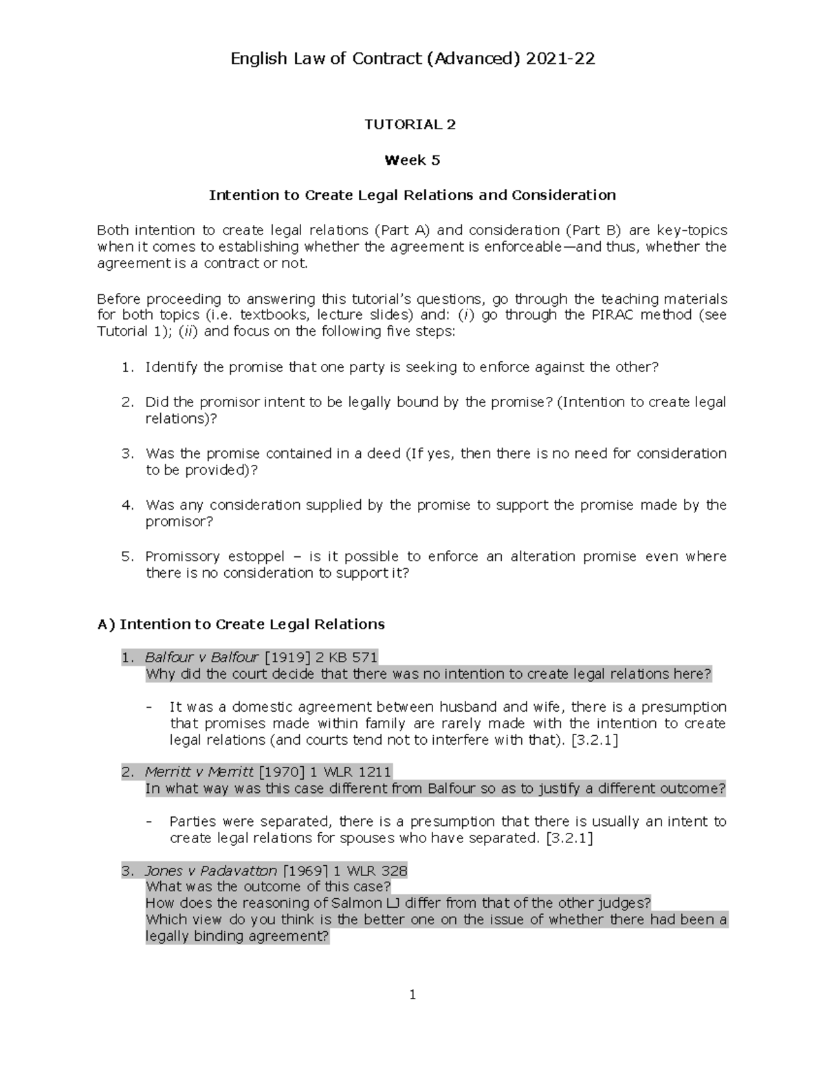English Law of Contract Tutorial 2 - TUTORIAL 2 Week 5 Intention to Create Legal Relations and ...