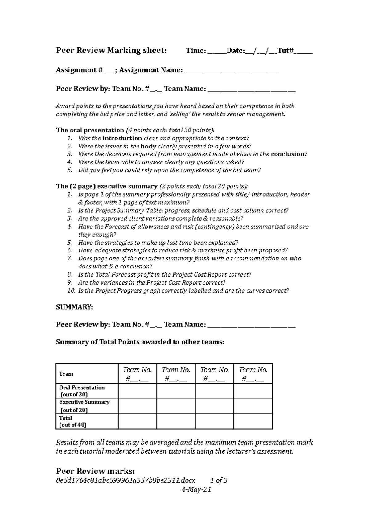 Peer Review Team Marking 2020 - Peer Review Marking sheet: Time: Date ...