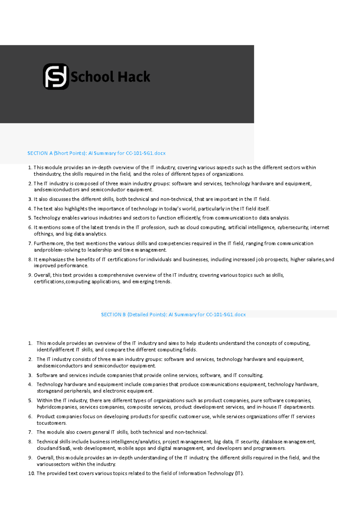 CC-101-SG1 - for IT students - SECTION A (Short Points): AI Summary for CC-101-SG1 1. This ...