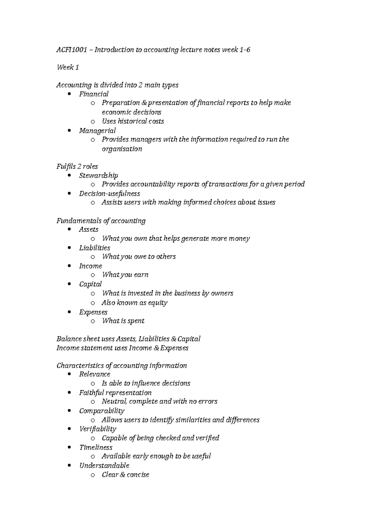 Lecture notes, lectures 1-6 - brief summary - ACFI1001 – Introduction ...