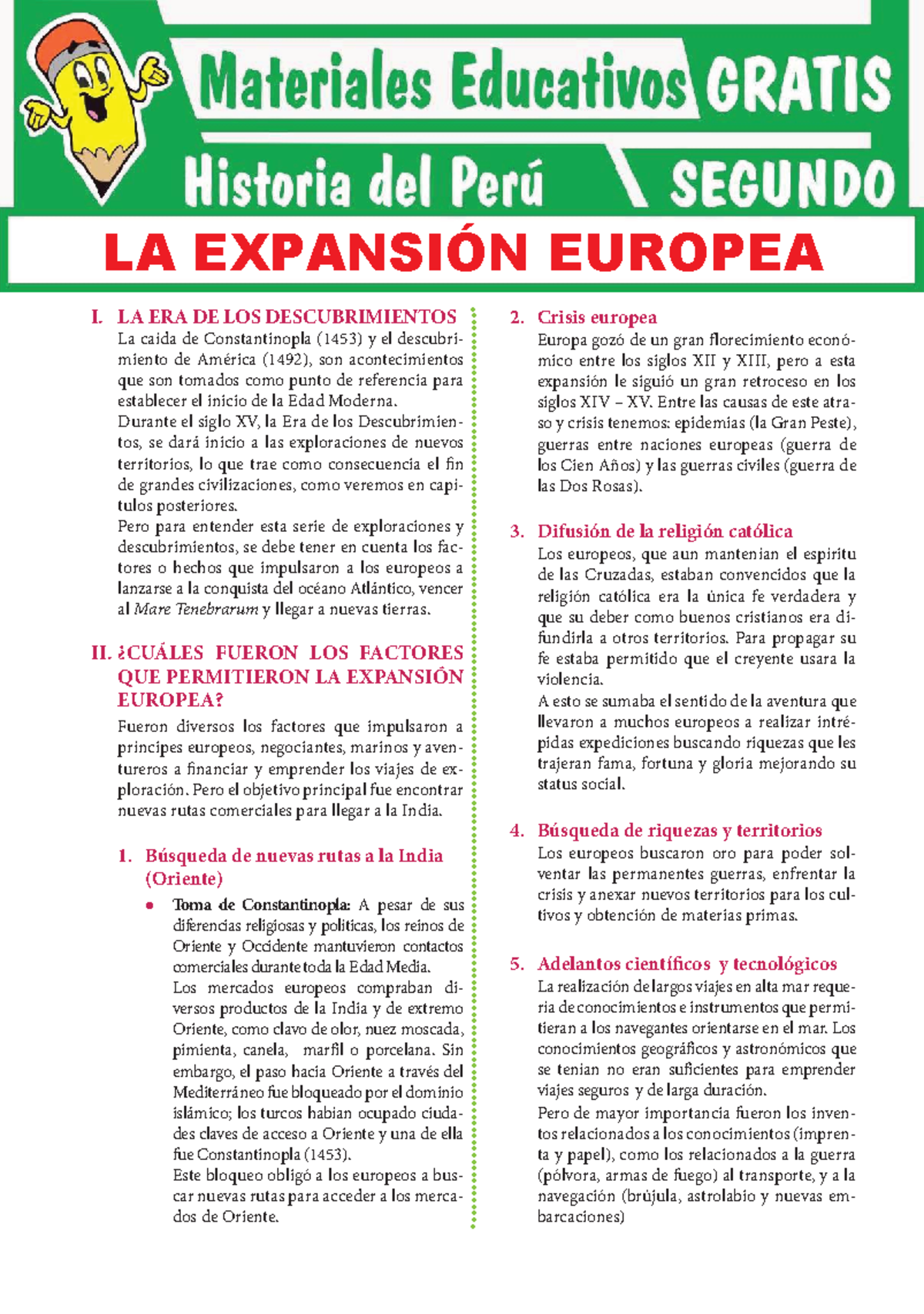 La Expansión Europea para Segundo Grado de Secundaria - I. LA ERA DE ...