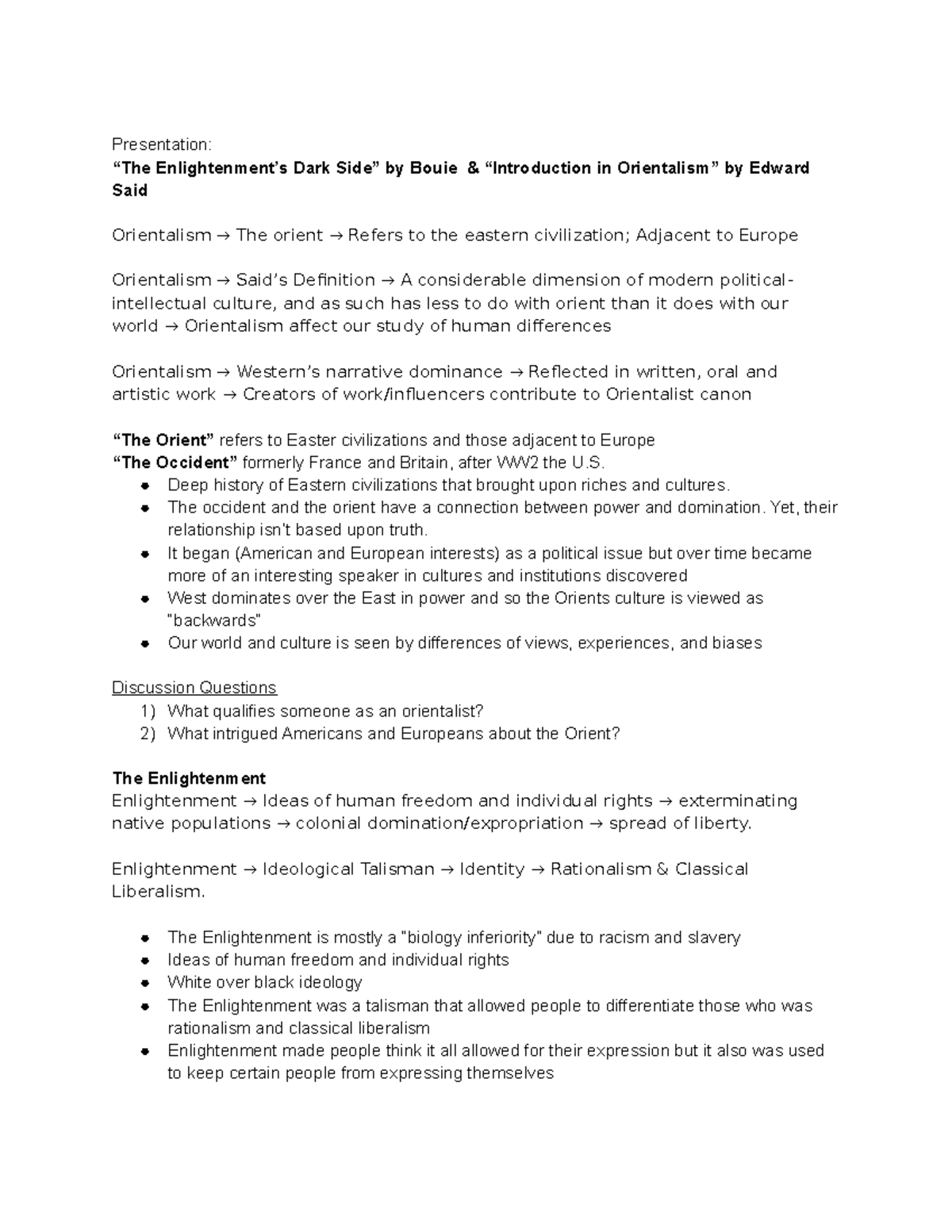 Class Notes Orientalism The Enlightenment - Presentation: “The ...