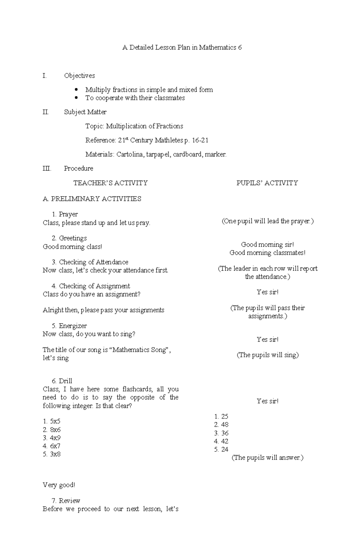 A Detailed Lesson Plan in Mathematics 6 fraction 2 - A Detailed Lesson ...