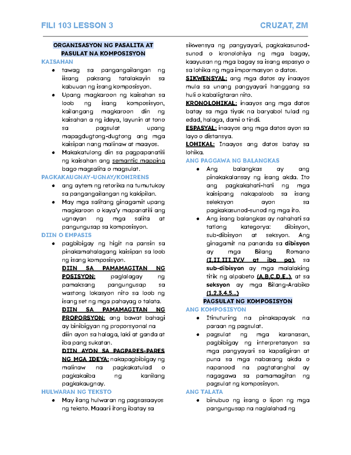 FILI Reviewer 3 - FILI 103 LESSON 3 CRUZAT, ZM ORGANISASYON NG PASALITA ...