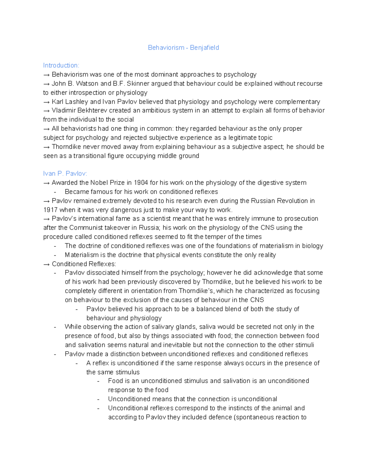 Behaviourism - Benjafield Summary - Behaviorism - Benjafield ...