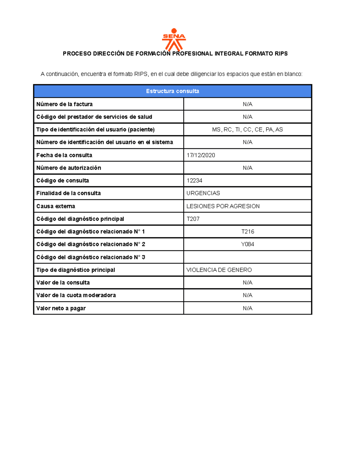 Anexo Formato RIPS Actividad PROCESO DIRECCI N DE FORMACI N