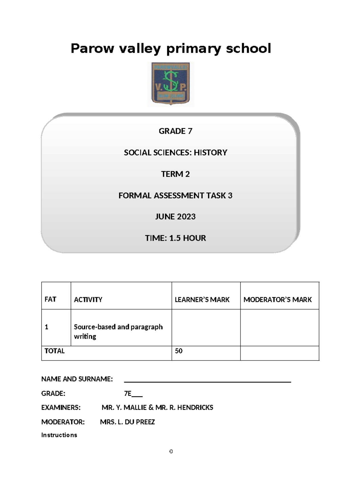 History june 2023 - work - Parow valley primary school FAT ACTIVITY ...