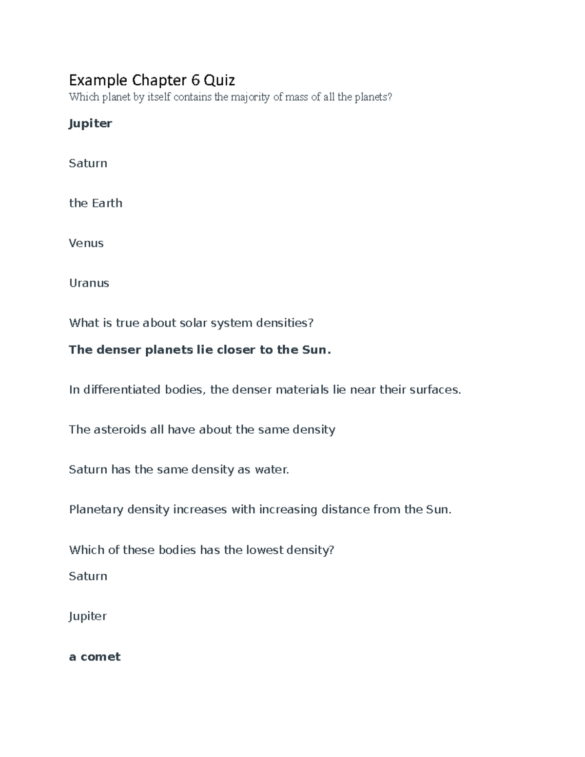 Example Quiz for chapter 6 - Example Chapter 6 Quiz Which planet by ...