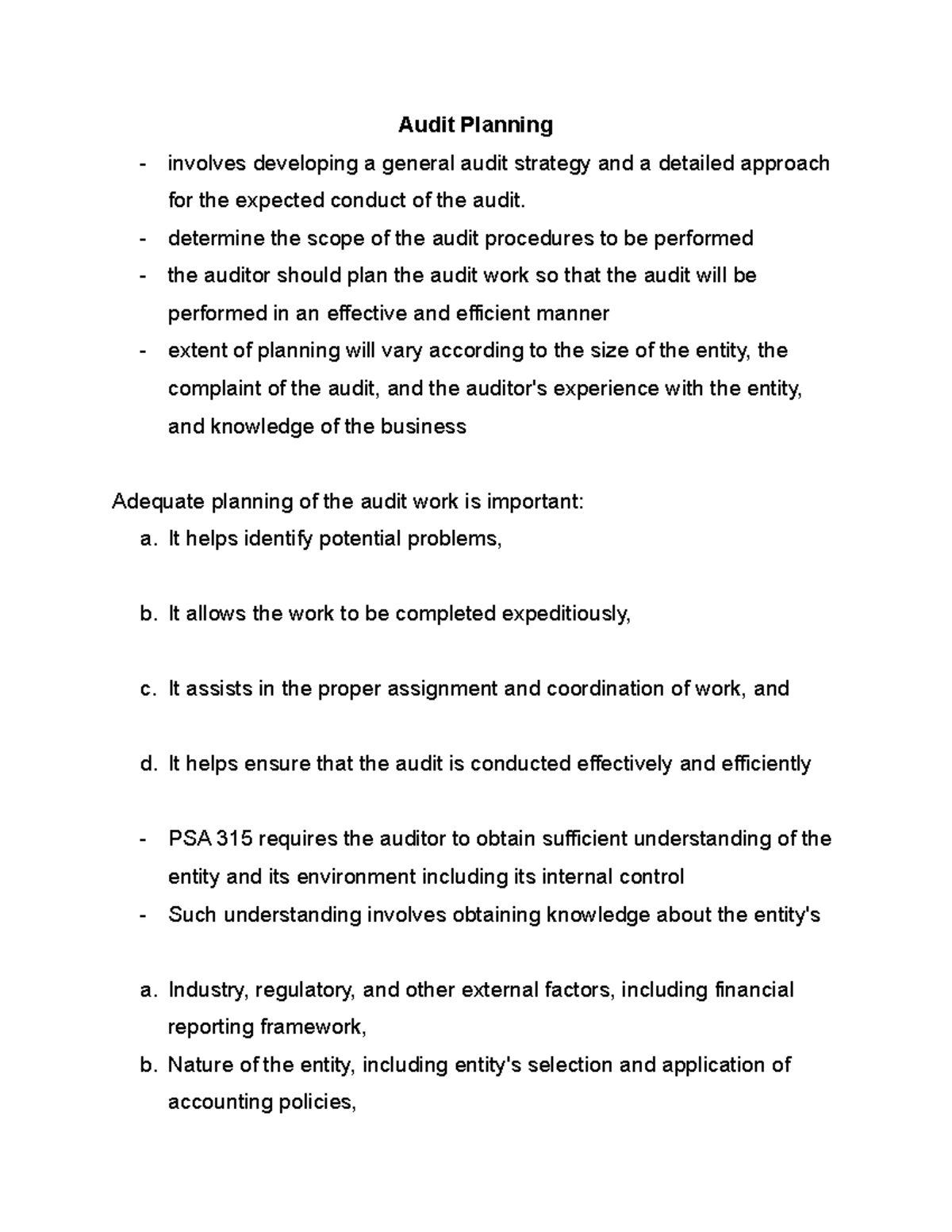 Audit Planning - Audit Planning involves developing a general audit ...