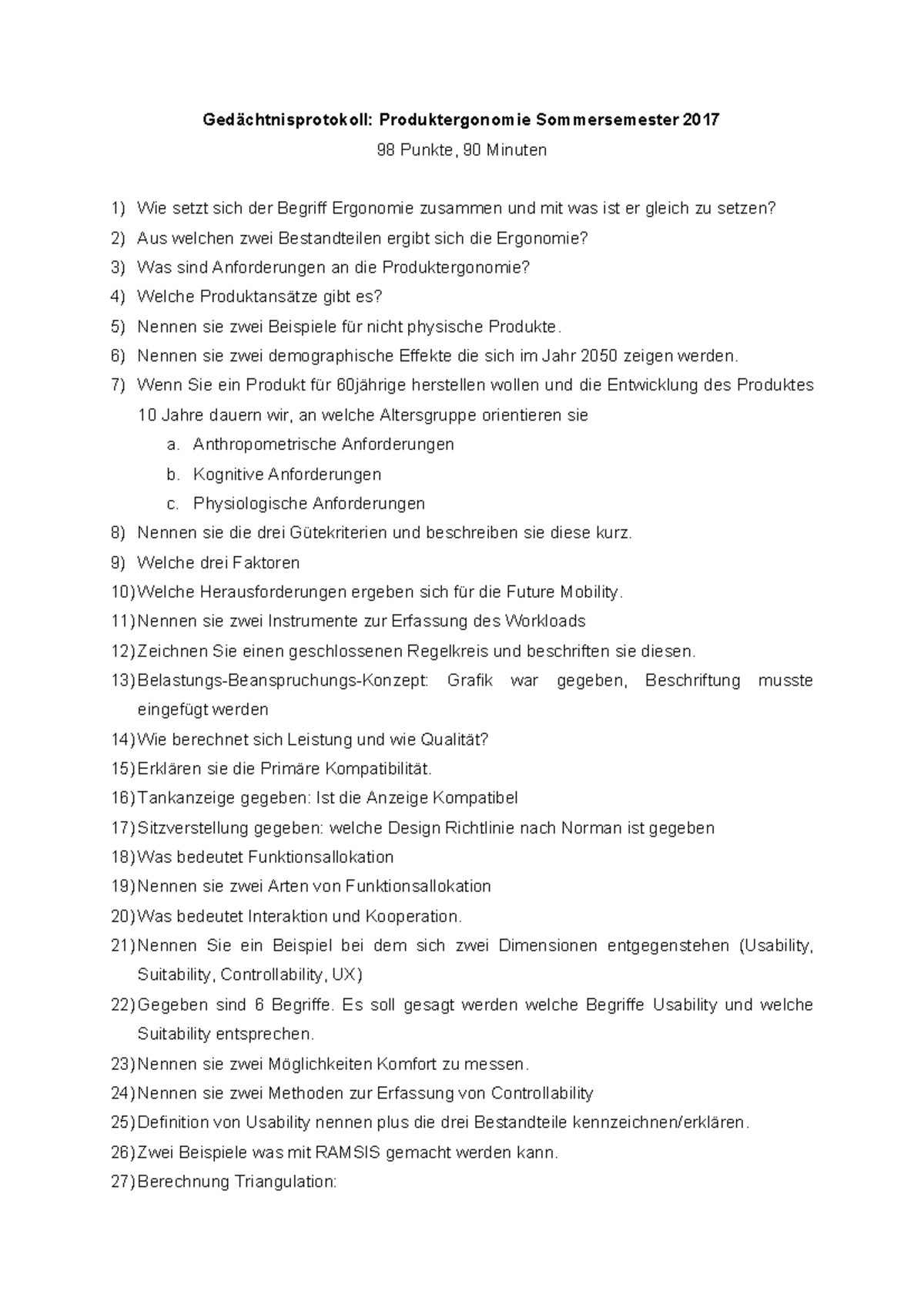 Gedächtnisprotokoll SS 17 - Gedächtnisprotokoll: Produktergonomie Sommersemester 2017 98 Punkte ...