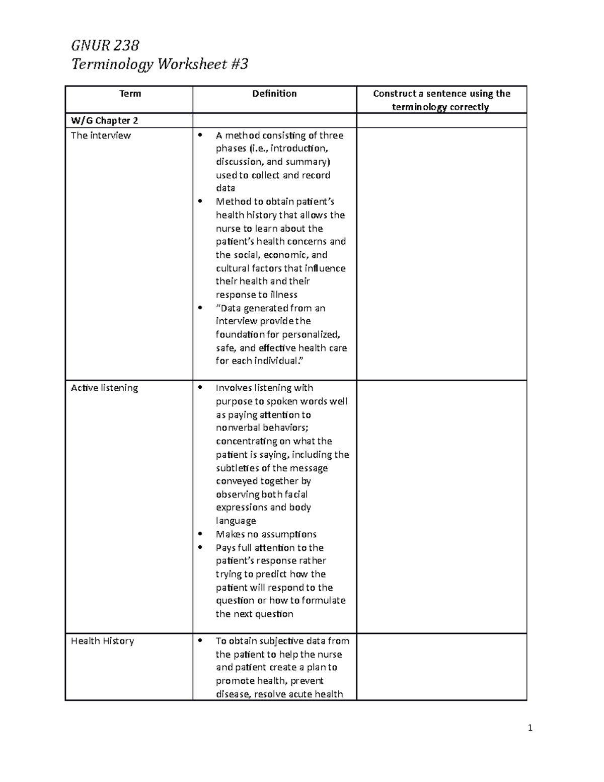 Med Term 3 - Vocab Words - Terminology Worksheet Term Definition ...
