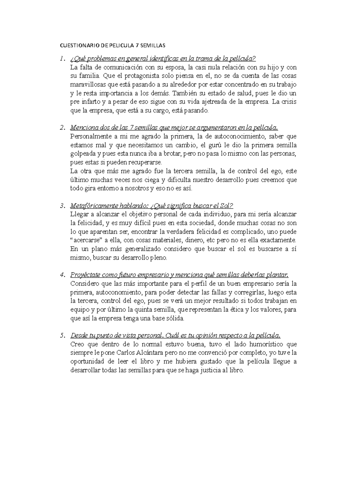 Cuestionario pelicula - CUESTIONARIO DE PELICULA 7 SEMILLAS 1 ...