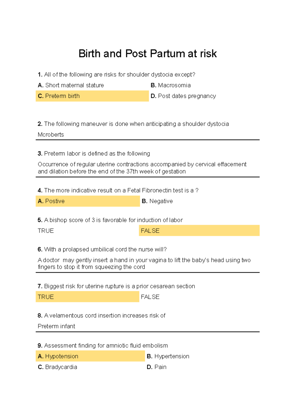 Birth and Post Partum at risk - Short maternal stature B. Macrosomia C ...