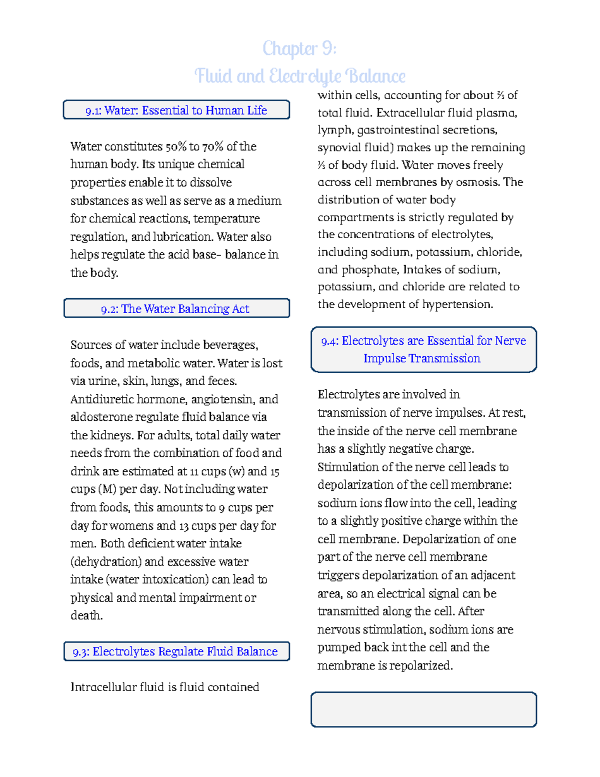 Ch.9 Fluid and Electrolyte Balance - Chapter 9: Fluid and Electrolyte Balance 9: Water ...
