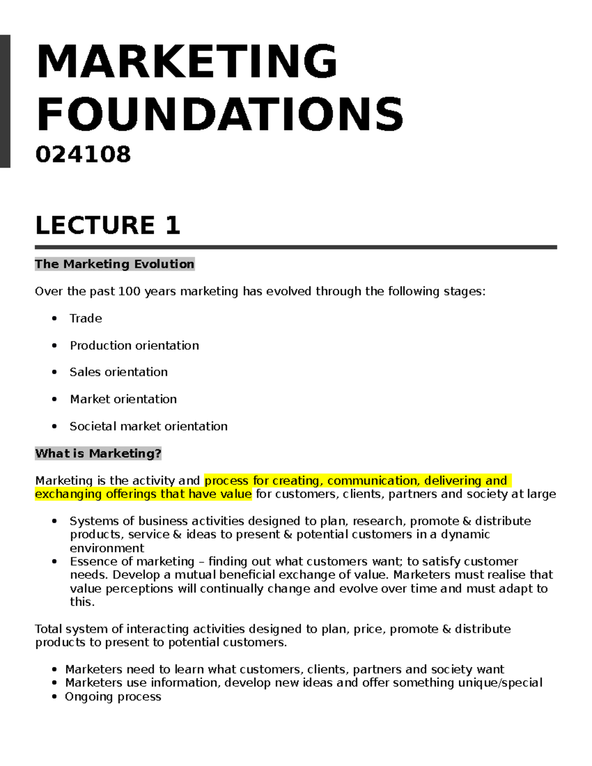 Marketing Foundations - MARKETING FOUNDATIONS 024108 LECTURE 1 The ...
