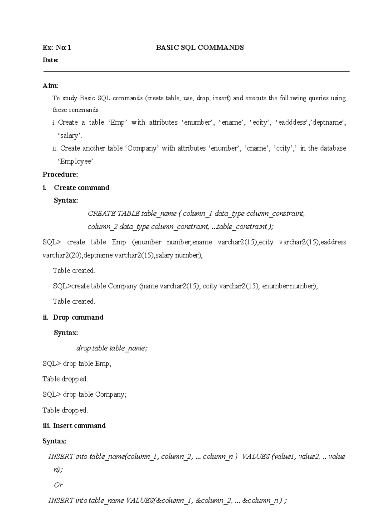 CS1216 - Relational Database Management System LAB manuel - Ex: No:1 BASIC SQL COMMANDS Date ...