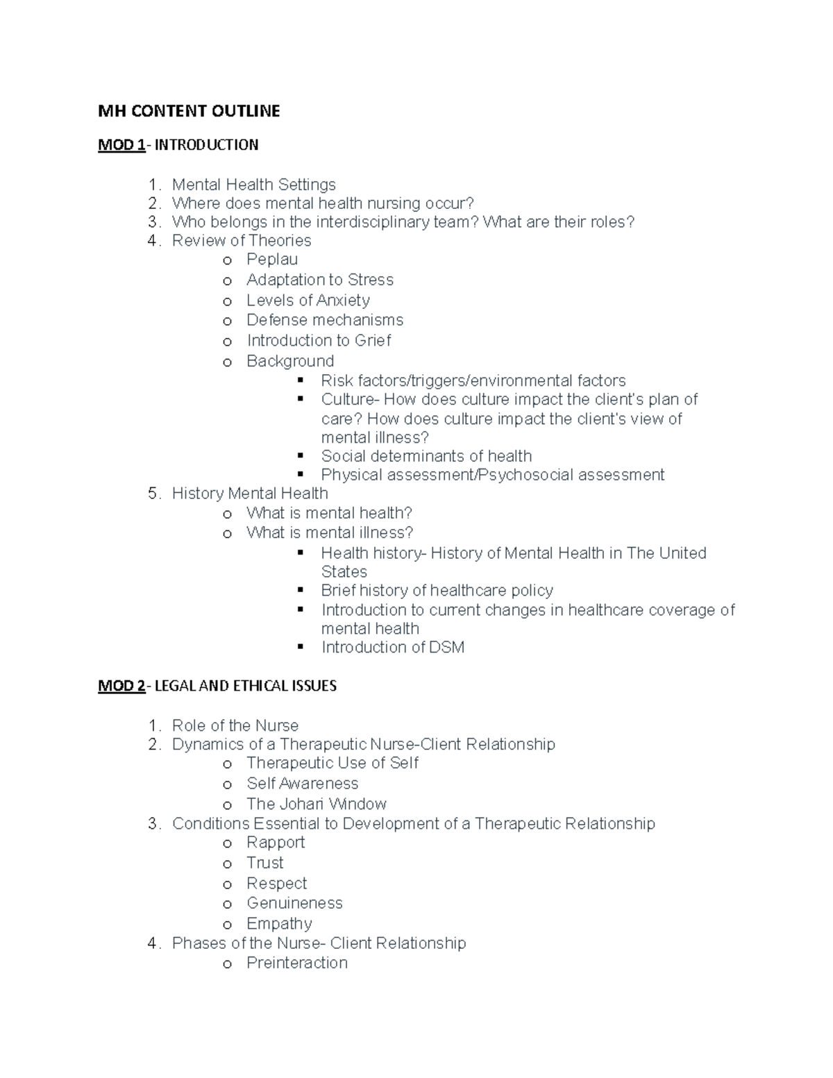 MH Content Outline - STUDY GUIDE - MH CONTENT OUTLINE MOD 1 ...