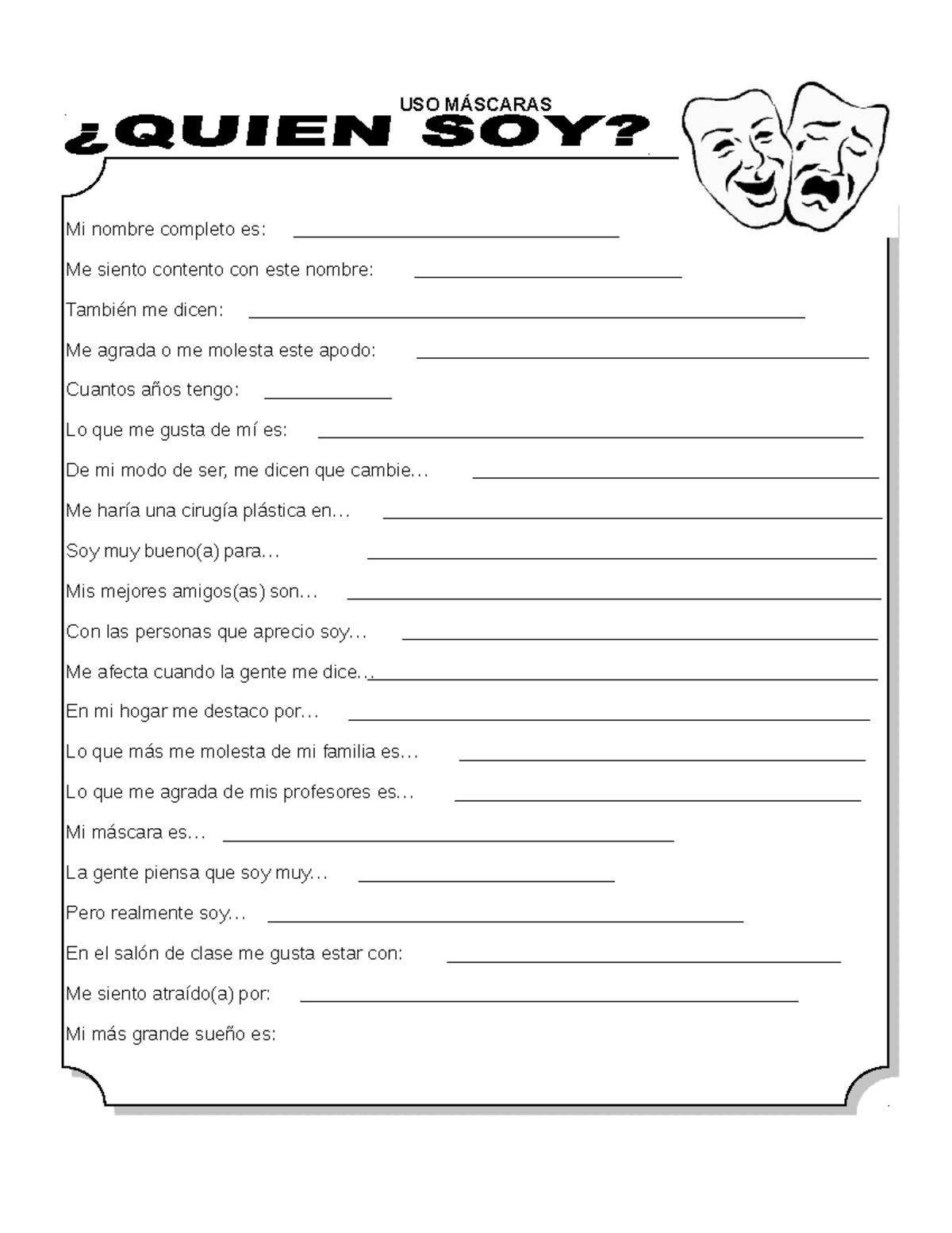 GUIA 2. Quien SOY - Para conocernos mejor - USO MÁSCARAS Mi nombre ...