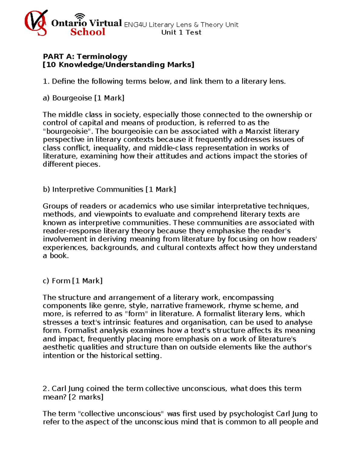 Unit 1 test - chemistry - ENG4U Literary Lens & Theory Unit Unit 1 Test ...