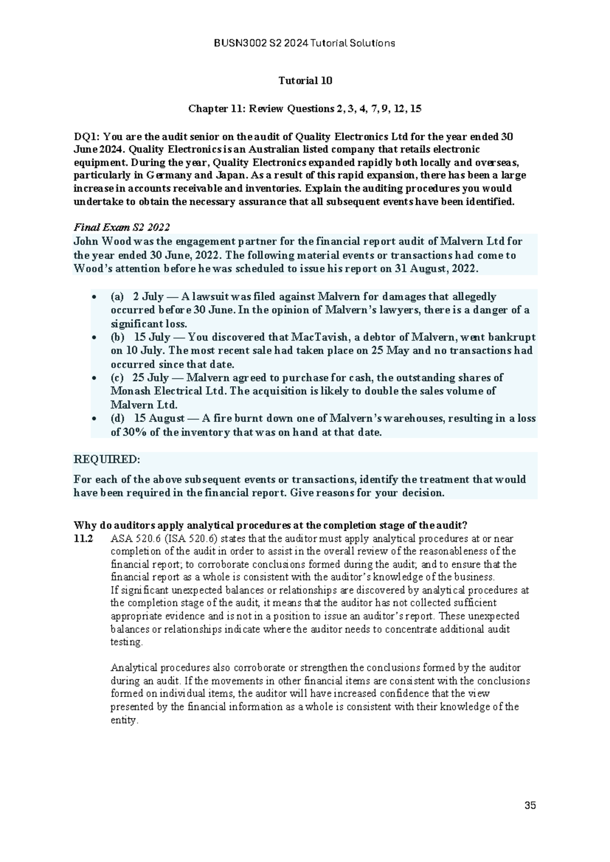 Tutorial 10 Qs and Solutions S2 2024 - Tutorial 10 Chapter 11: Review Questions 2, 3, 4, 7, 9 ...