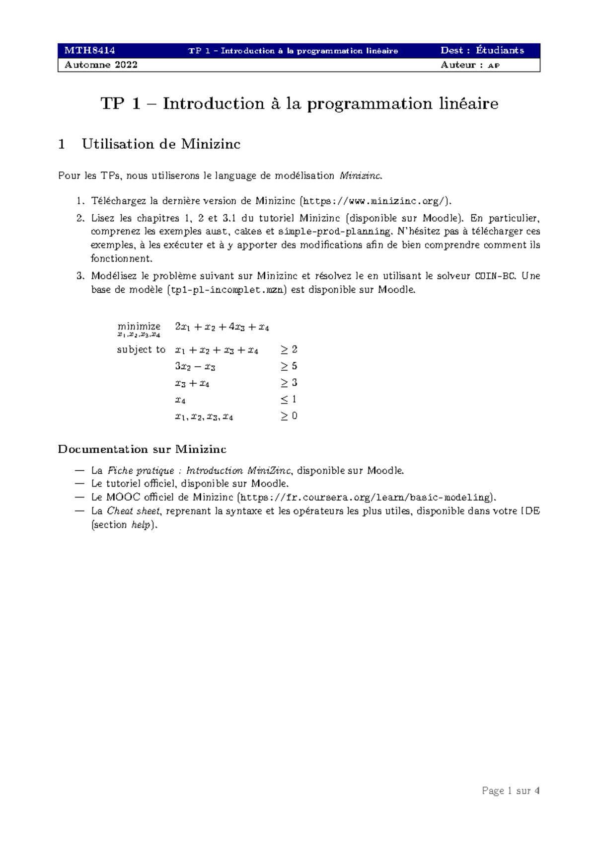 MTH8414 TP1 2023 - Non - Automne 2022 Auteur : AP TP 1 – Introduction à la programmation ...
